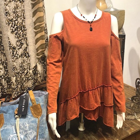 Doe & Rae | Tops | Cold Shoulder Top Angled Ruffle Hem Brick Rust ...